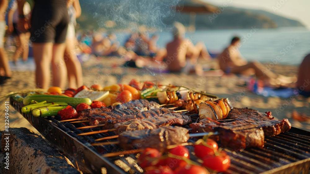 Barbecue party with people in the background, beach party, sea, grilled ...