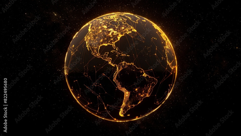 Earth with a golden glowing outline on a black background, planet Earth ...