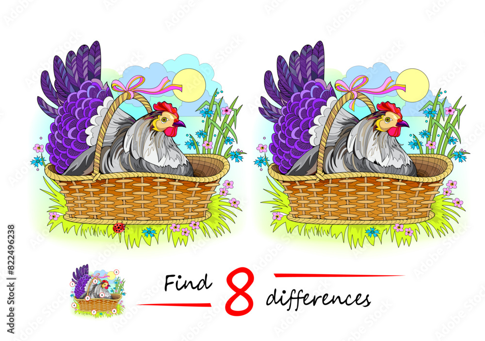 Find 8 differences. Illustration of a cute hen sitting in basket. Logic ...