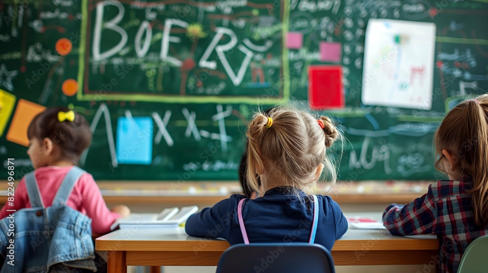 Cute little students writing on blackboard, classroom education concept ...
