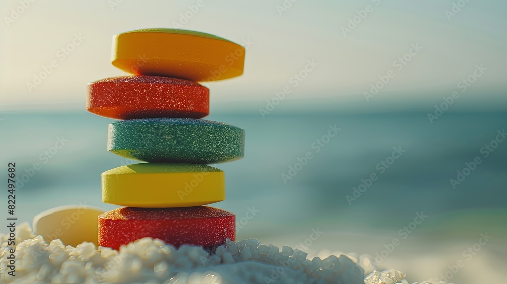 The tablets are stacked vertically on a sandy seashore. Natural ...