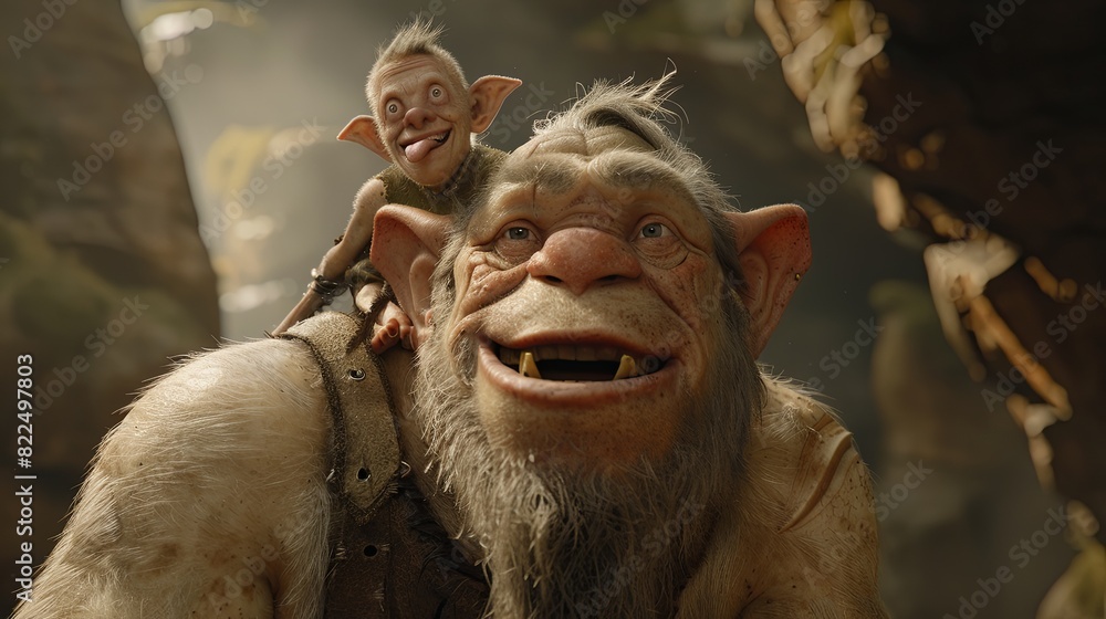 Two trolls big and small talking and smiling in a friendly manner ...