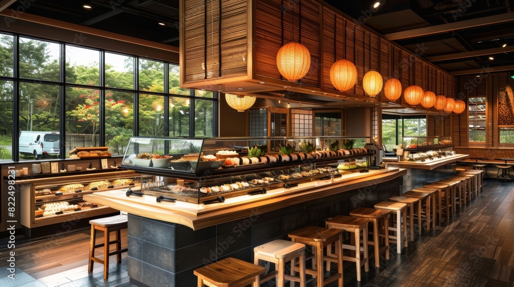 sushi bar with cozy lighting, wooden stools, and a traditional sushi ...