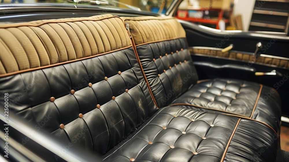 The vintage car's interior is being reupholstered with classic leather ...