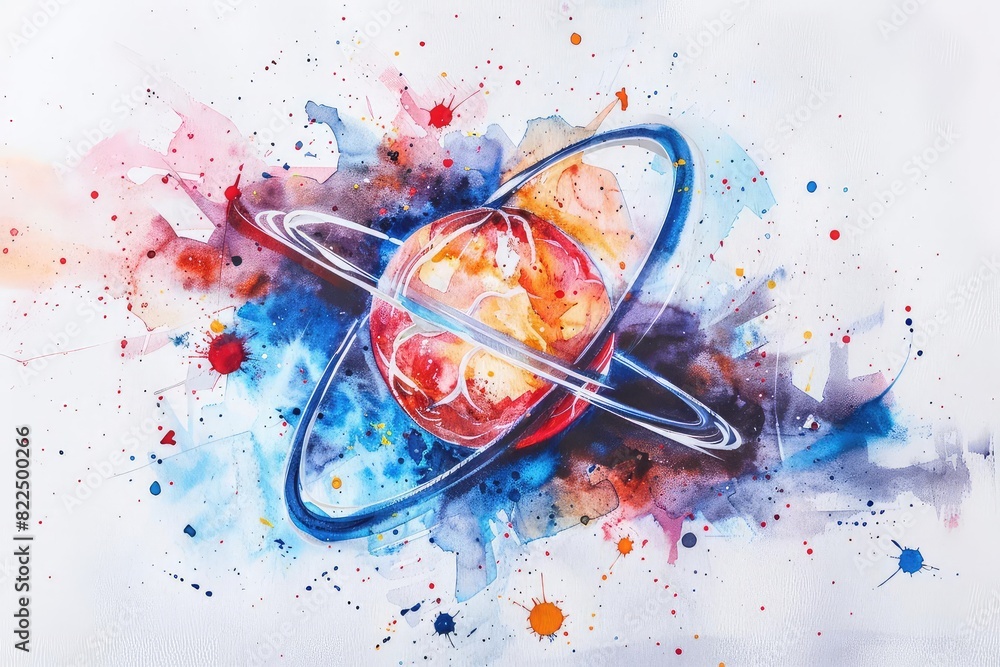 Watercolor atom with splashing colors for electrons, soft light ...