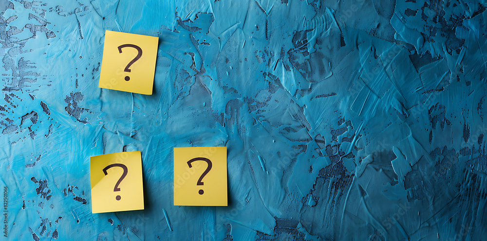 Question Mark Sticker on Yellow Sticky Notes - against an isolated blue ...