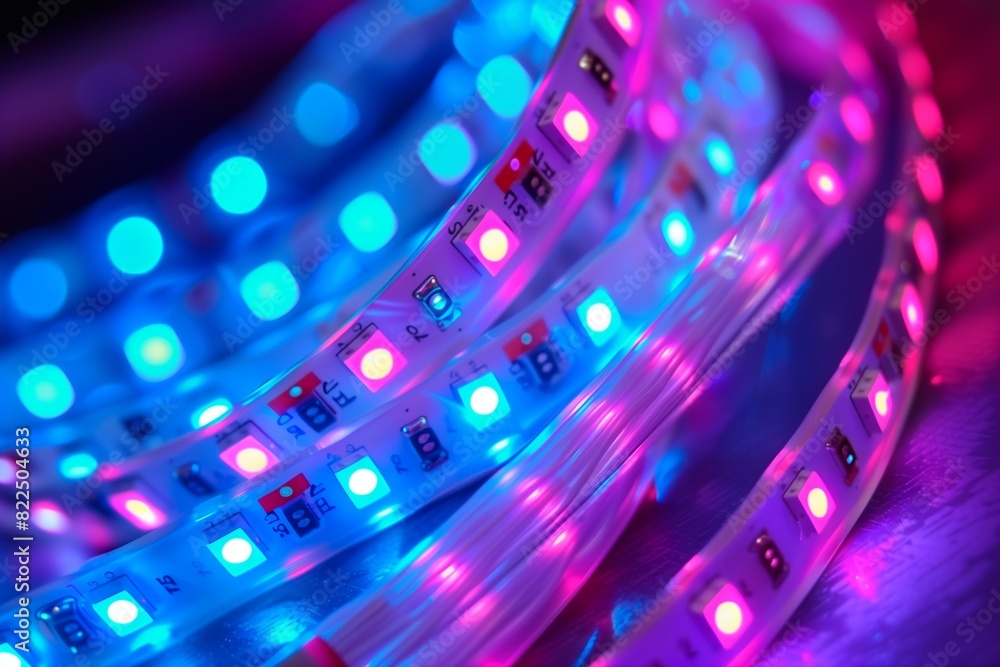 This image shows the intricate details of a coiled LED strip with ...
