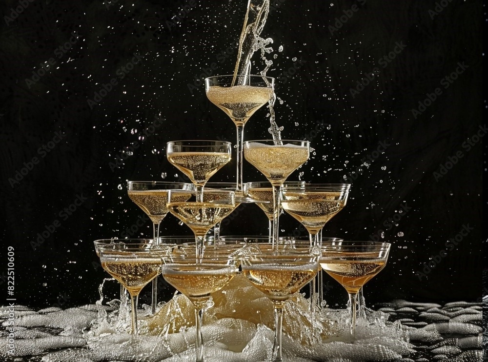 High fantasy: champagne flowing into a cascading pyramid of glasses ...
