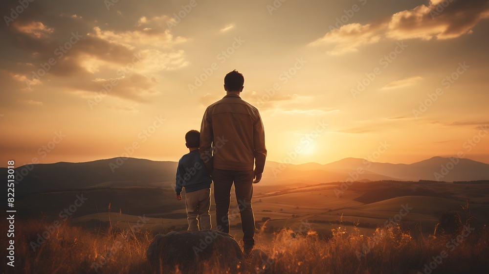 Foto de Fathers day. Back view of a little child boy sitting on his ...