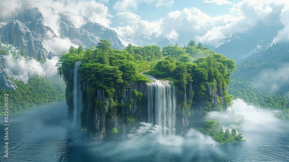Flying land with beautiful landscape, green grass and waterfalls ...