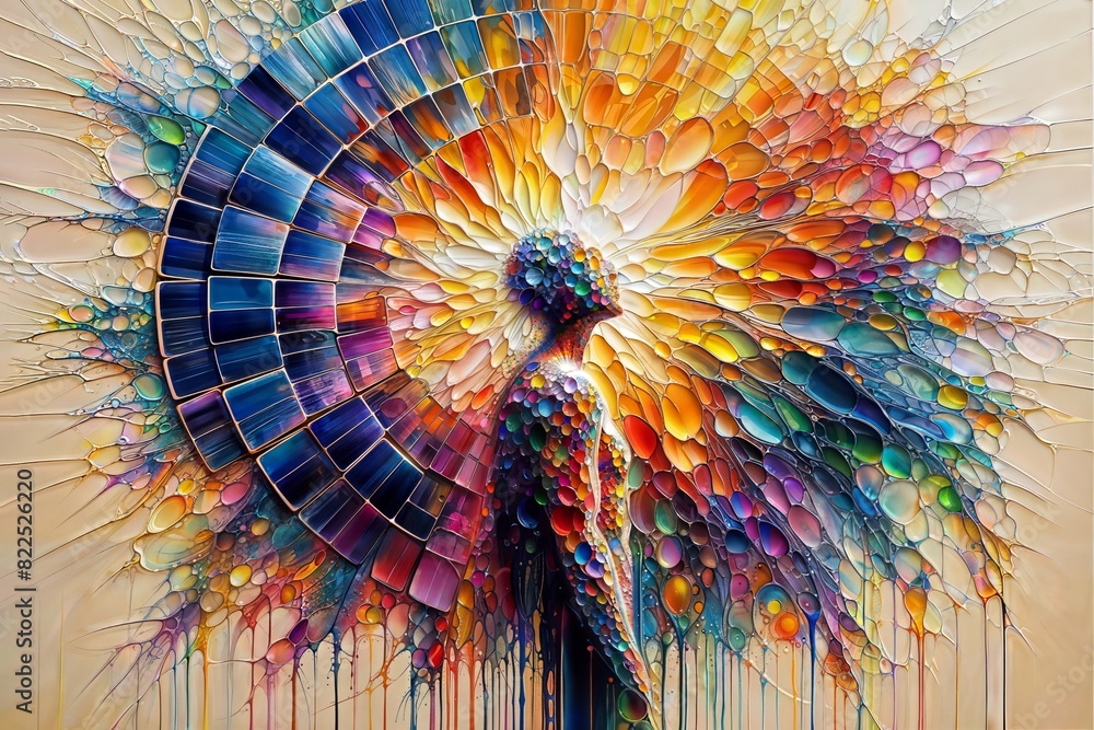 This is a bright and colorful painting of a human figure. The figure ...