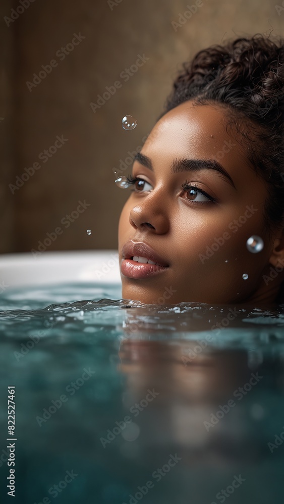 portrait of a beautiful black woman taking a bath, with bubble ...