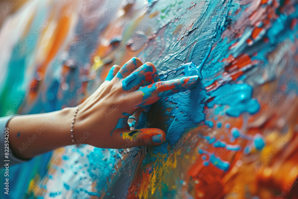 Detailed shot of a hand with blue paint, capturing the essence of ...