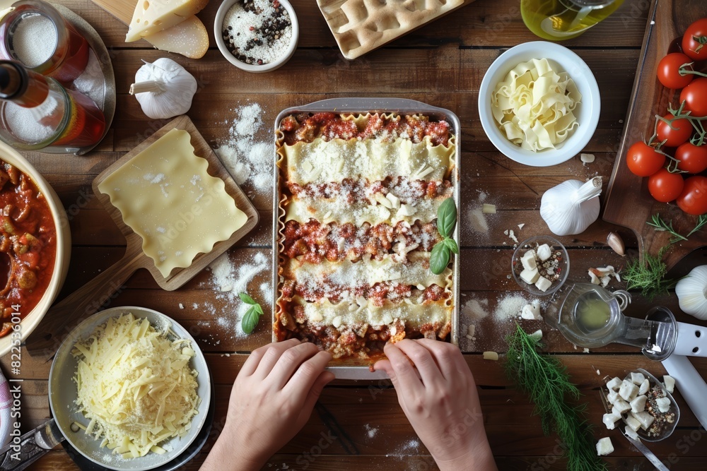An interactive scene depicting the making of lasagna, with hands ...