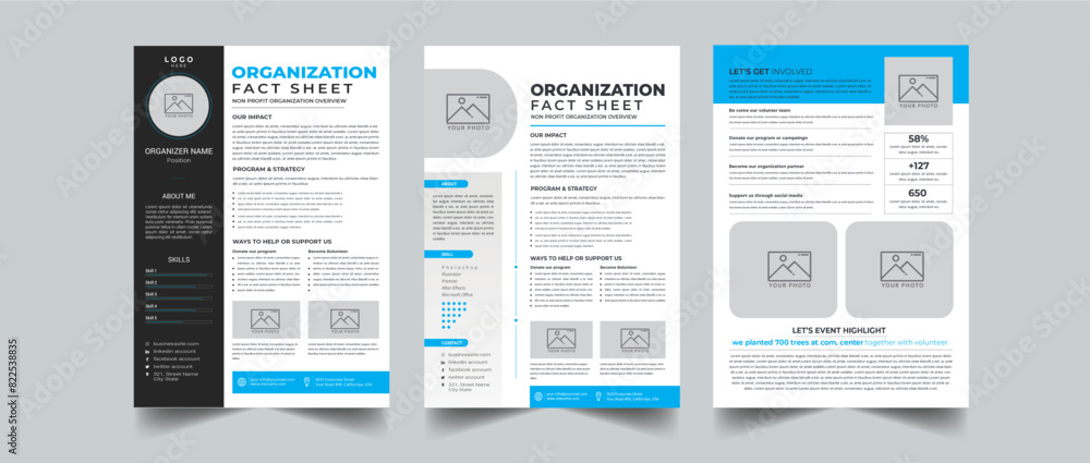 Nonprofit Organization Fact Sheet layout design template with 3 style ...