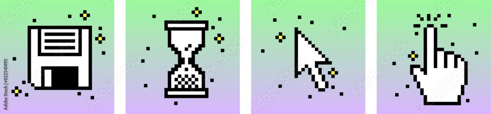 Hand click cursor, diskette, pointer icon. Set of pixels elements. Y2k trendy stickers. Mood of ...