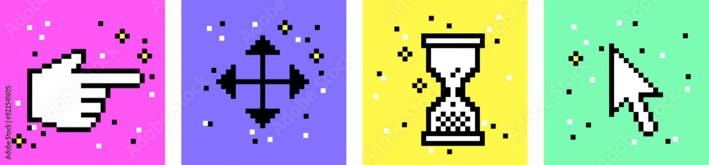 Set of pixel art elements. Hand click cursor. Pointer icon. UI. Y2k trendy stickers. Simple ...