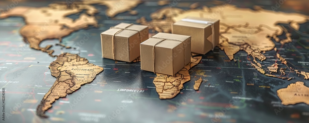 Cardboard boxes on a world map surface Stock Photo | Adobe Stock