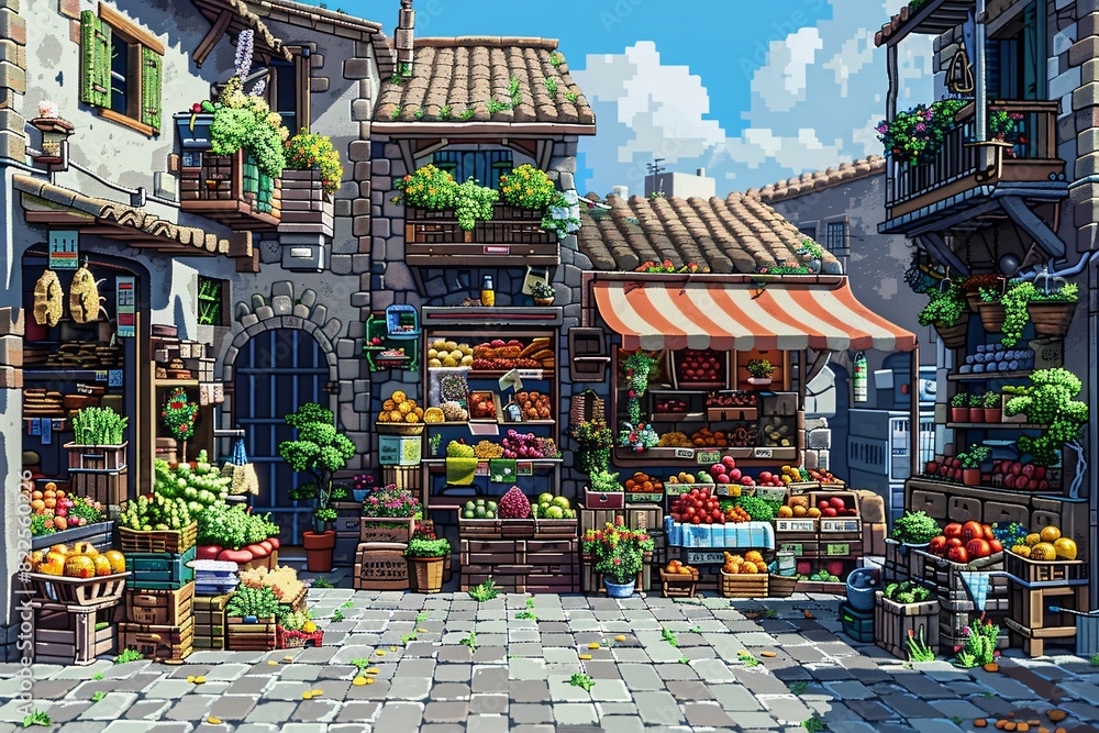 Pixel Art Market Scene with Cartoon Vendors Selling Fruits, Vegetables ...