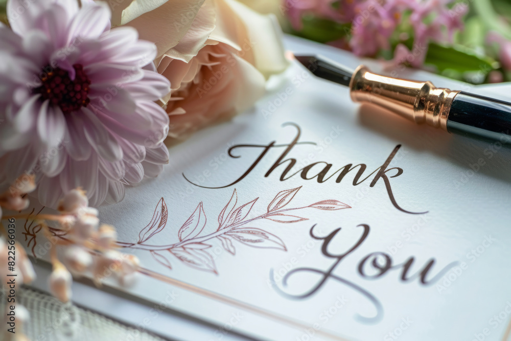 Thank you card with elegant calligraphy text, surrounded by pink and ...