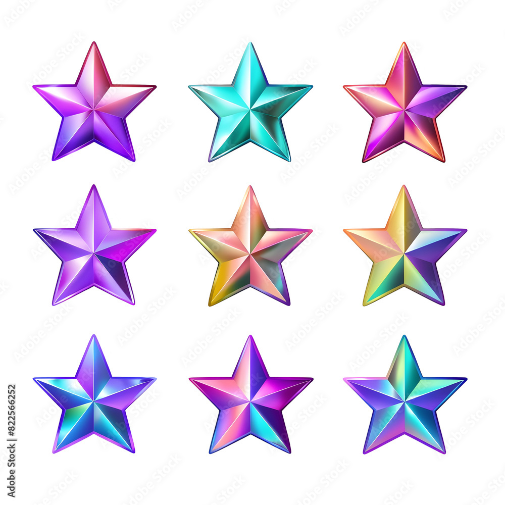 3d chrome y2k metal stars. Chrome holographic stars Y2K, shape 3d set ...