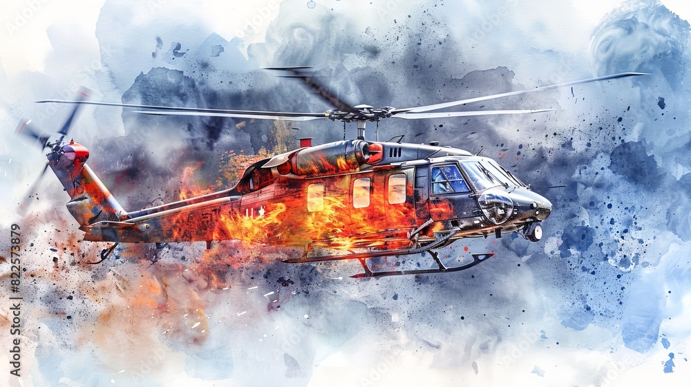 Helicopter on fire. Burning chopper with aquarelle splashes. Concept of ...