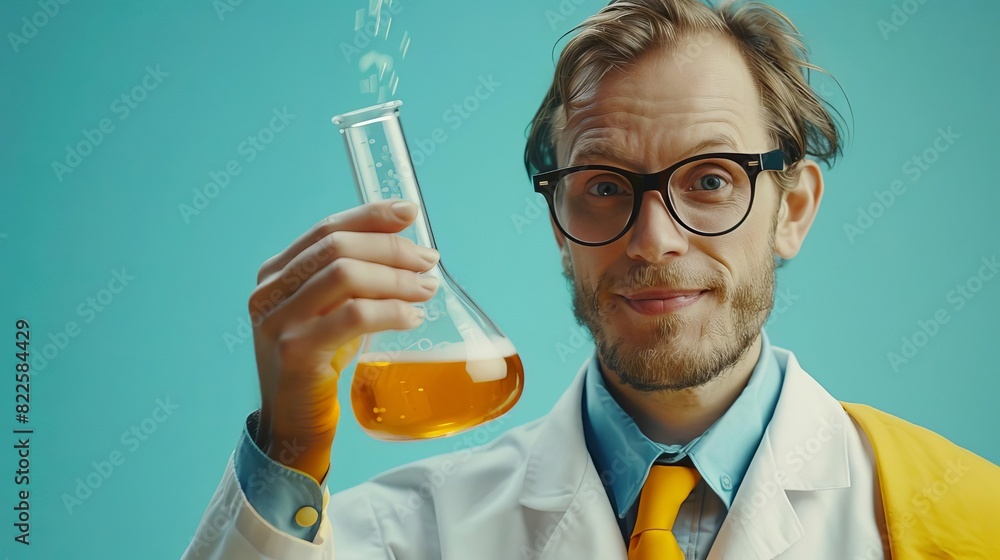 humorous portrait of quirky scientist in lab coat holding bubbling ...