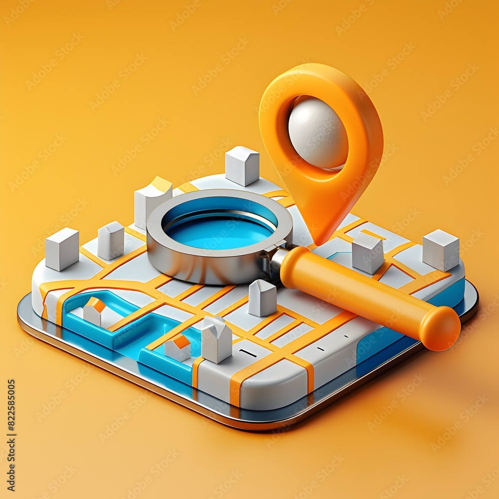 Isometric Design D Rendered Map with Location Pin and Magnifying Glass ...