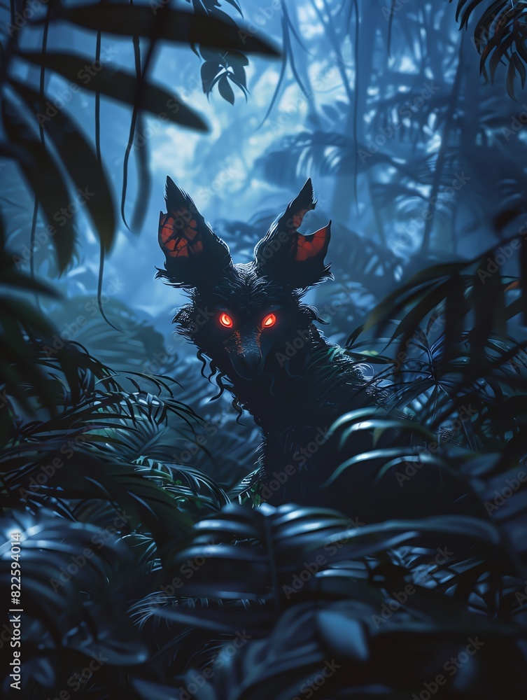Chupacabra Illustrate the mysterious Chupacabra lurking in the shadows of a dense forest at ...