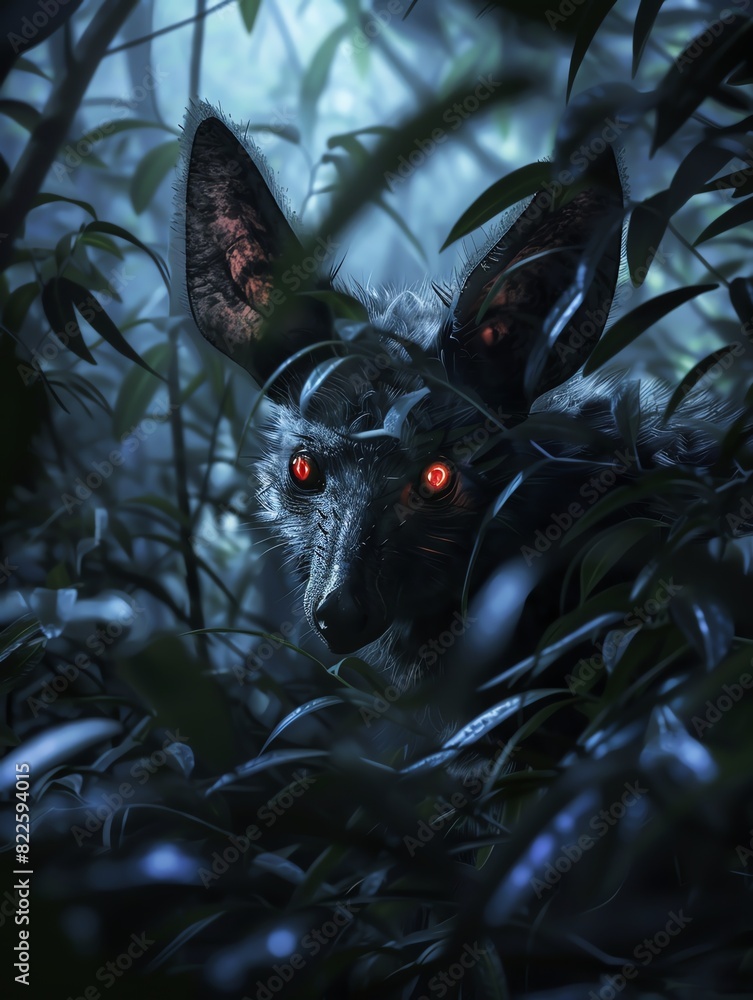 Chupacabra Illustrate the mysterious Chupacabra lurking in the shadows of a dense forest at ...
