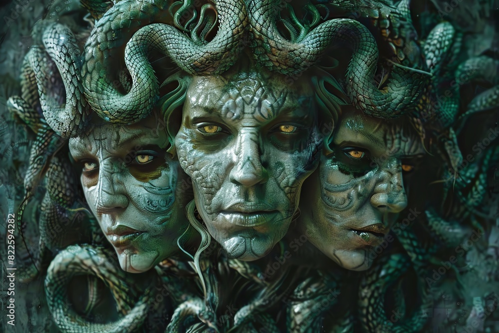 Gorgons Show the three Gorgons, with Medusa at the center, their snake ...