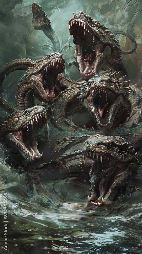 Hydra Show the Hydra with multiple heads rearing up from a swamp, each ...