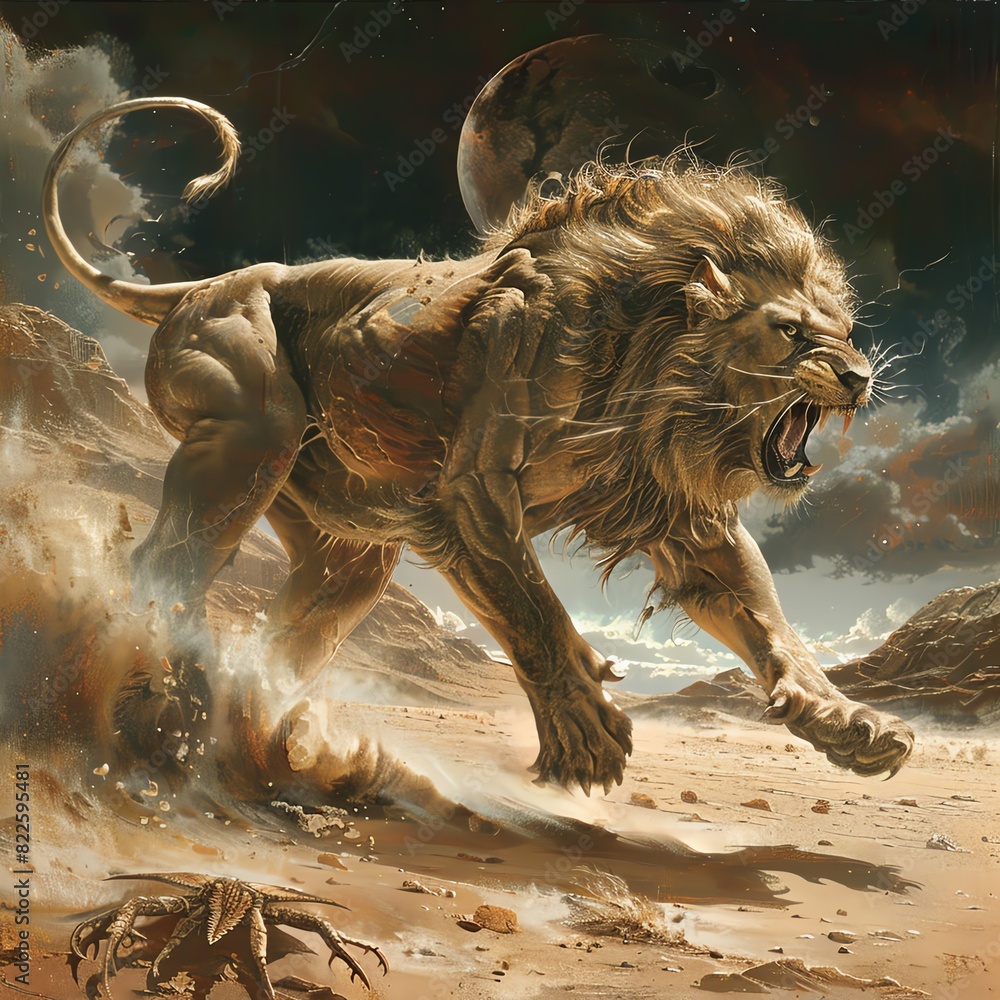 Manticore Visualize a Manticore prowling through a desert landscape ...