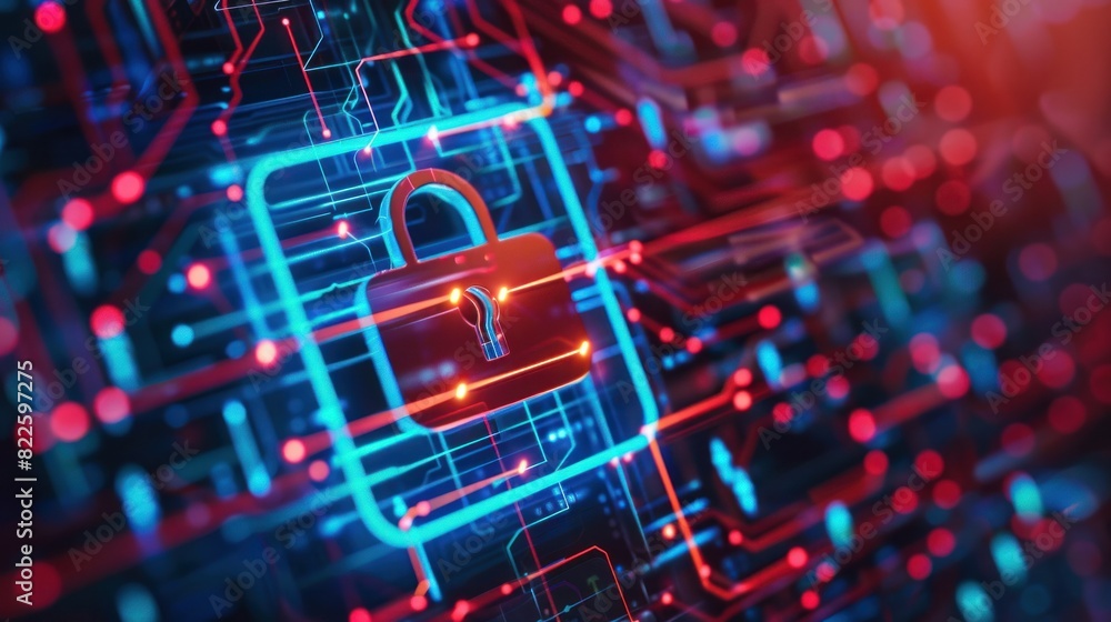 Cybersecurity concept with a digital lock on a data stream Stock Illustration | Adobe Stock