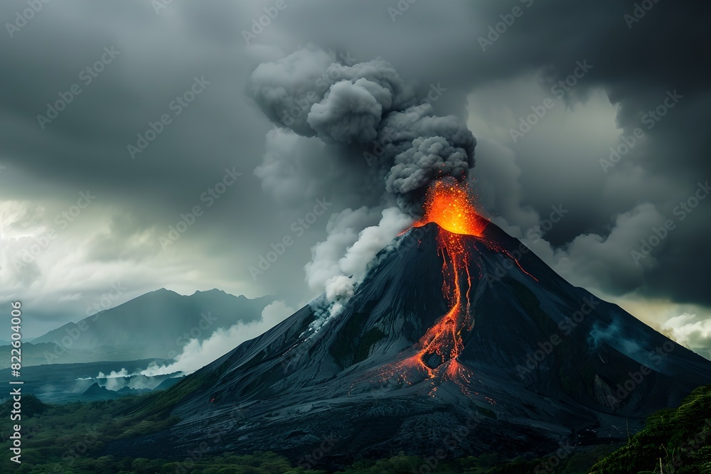 Volcano eruption with flowing lava. Natural disaster, cataclysm concept ...