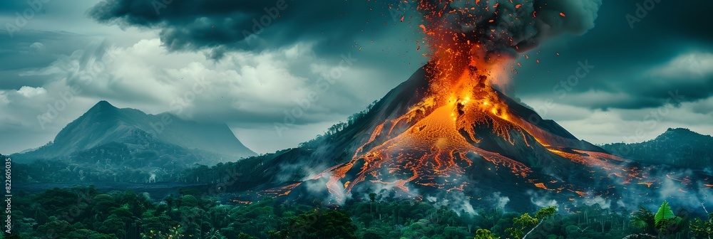 Erupting volcano in a jungle with flowing lava. Natural disaster ...