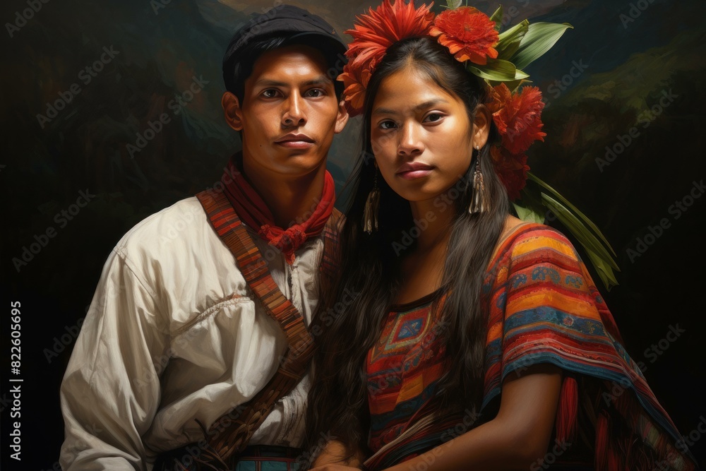 Authentic indigenous couple wearing traditional attire for serene ...