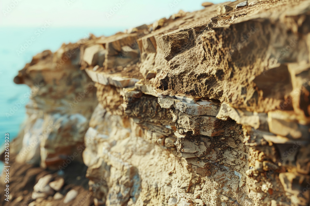 A crumbling cliff face, revealing layers of sediment and rock ...