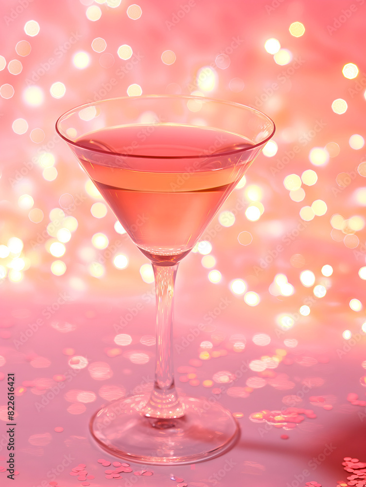 Pink martini on illuminated pink background, vertical. Elegant pink martini in classic cocktail ...