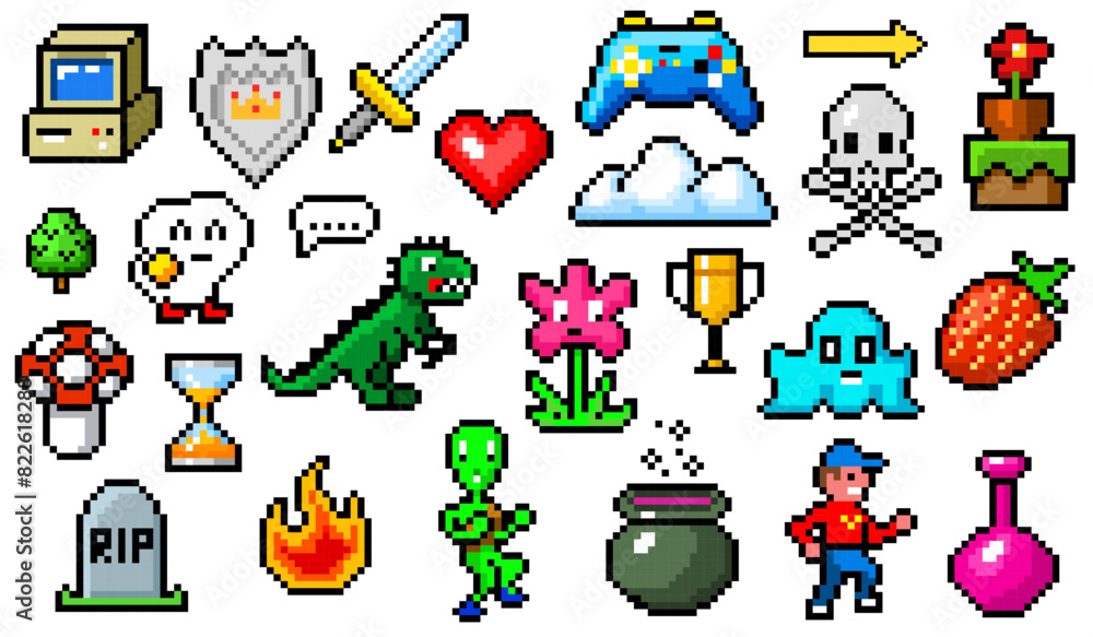 Pixel art 8 bit objects. Retro game assets. Set of icons. Vintage ...