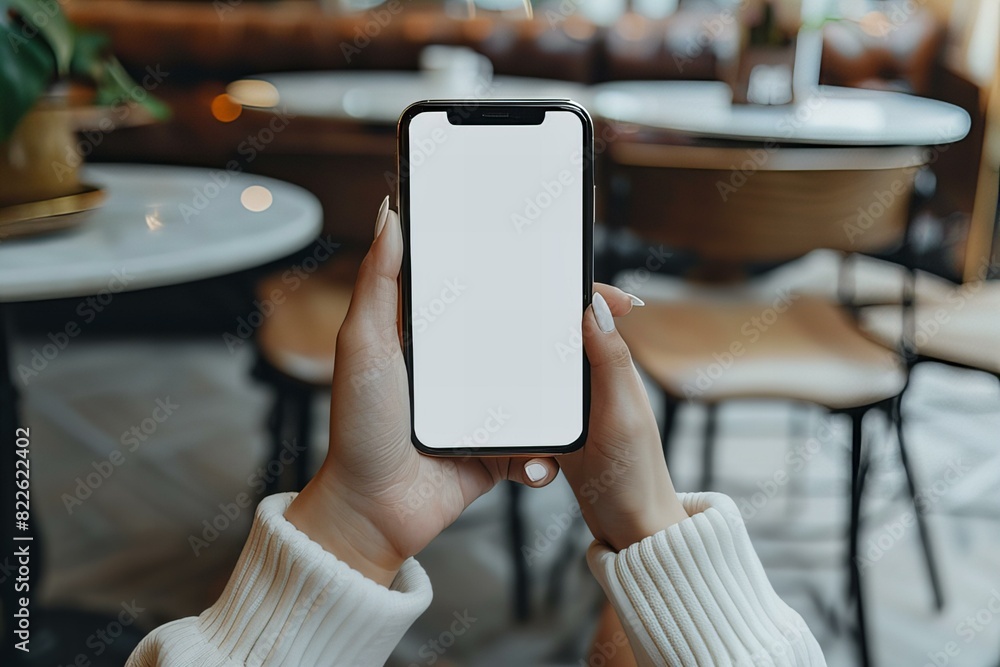Person holding phone with white screen in restaurant Stock Photo ...