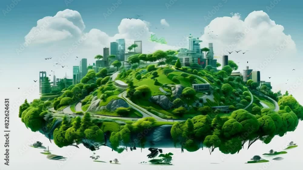 A floating green island with modern buildings, trees, and wind turbines ...