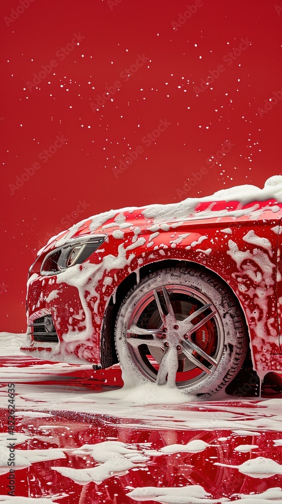 red modern car in foam on a car wash on a red background with copy ...