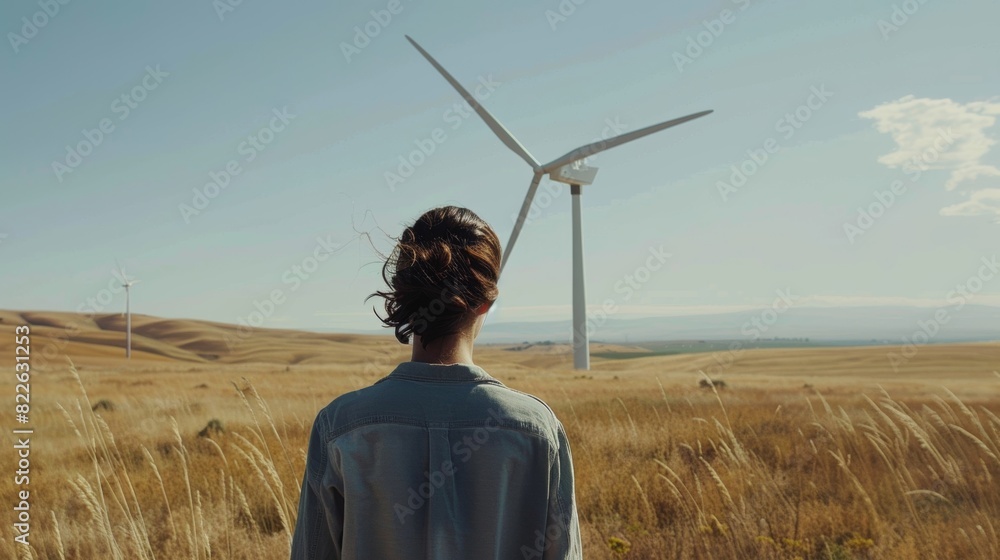 A person standing in front of a wind turbine explaining how it works ...
