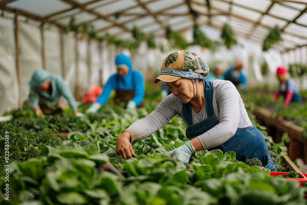 Farmers working collaboratively in a vibrant greenhouse filled with ...