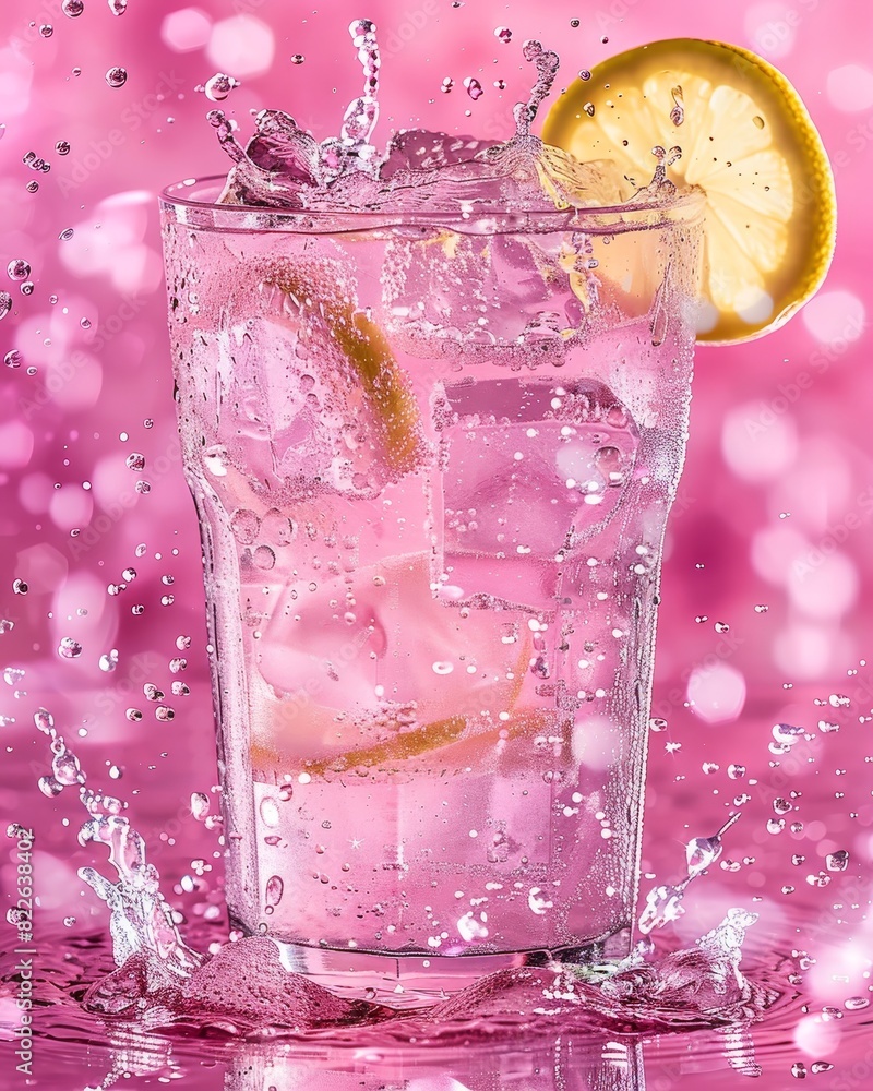 Eye-catching pink lemonade with ice and lemon slice on pink background ...