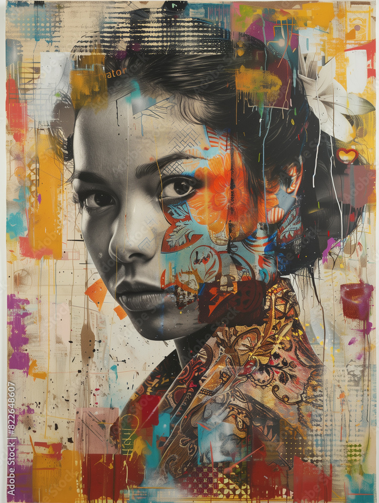 The colorful mural, portrait of woman, with its textured and mosaic ...