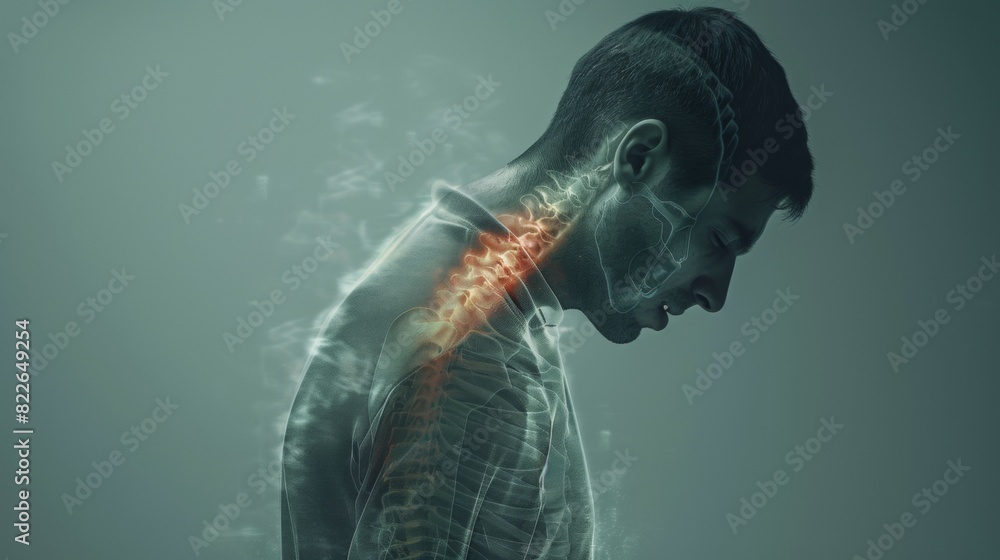 Rear view of a man holding his lower back in pain, with an overlay ...