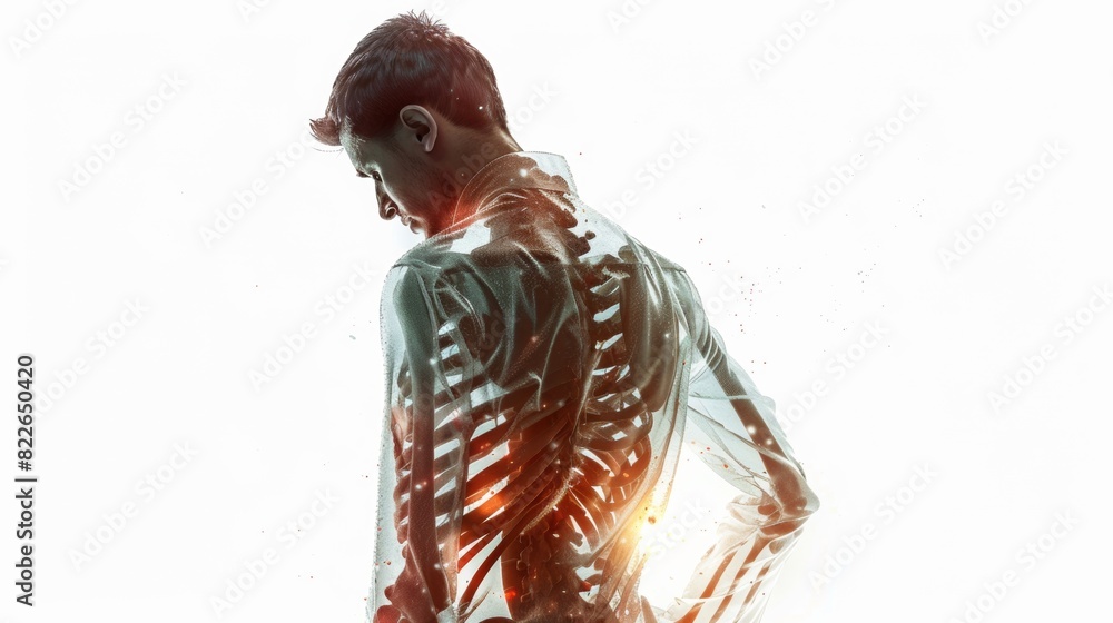 Rear view of a man holding his lower back in pain, with an overlay ...