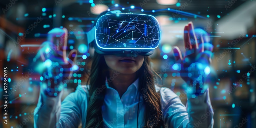 School student with VR headset using AI artificial intelligence ...